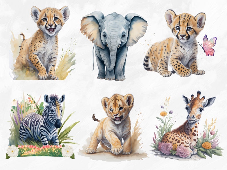 11 Watercolor Safari Baby Animals Clipart, Paper Crafts, Safari Clipart ...