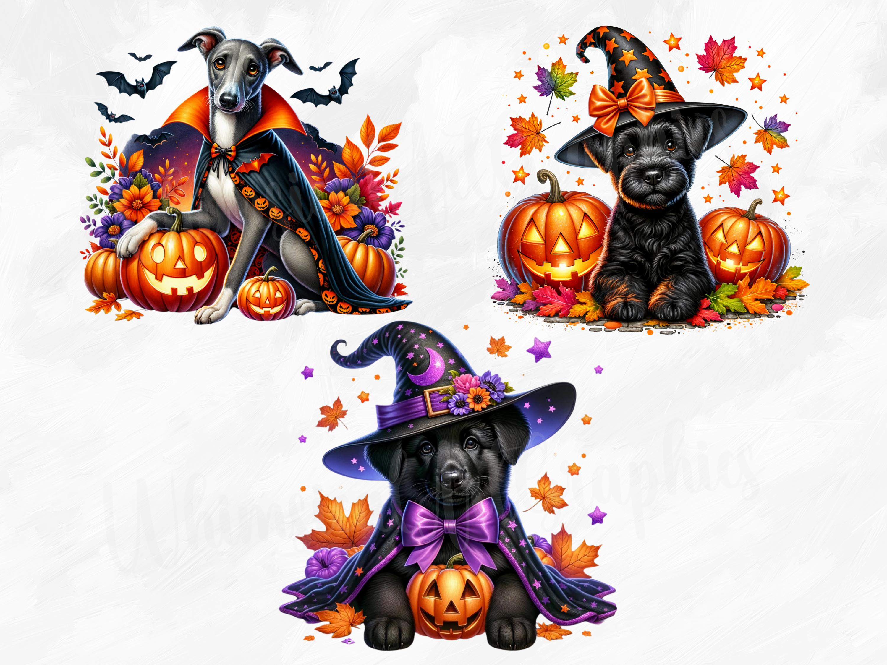 Watercolor Halloween Dogs Collection Clipart, 15 PNG Halloween Clipart ...