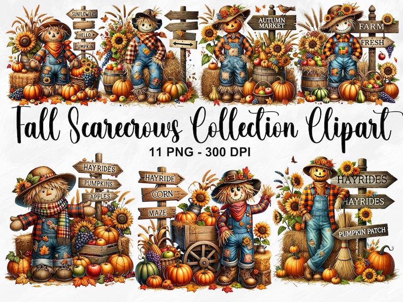 Watercolor Fall Scarecrows Collection Clipart, 11 PNG Autumn Clipart ...