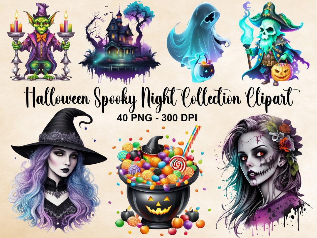 Watercolor Halloween Spooky Night Collection Clipart, 40 PNG Halloween ...
