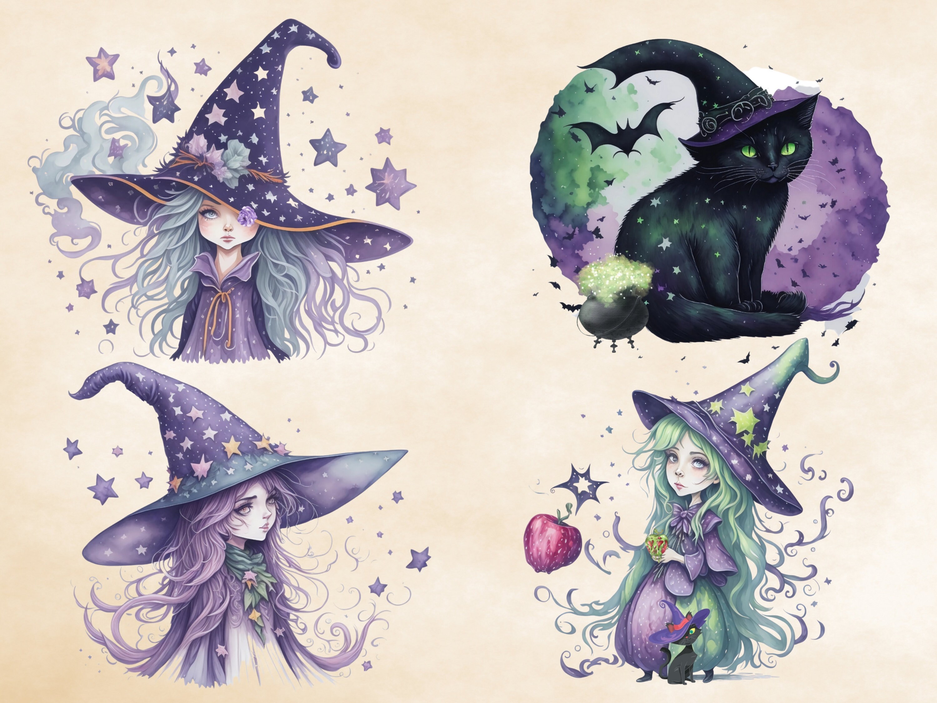 Watercolor Pastel Witch Clipart, 40 PNG Watercolor Witch Clipart ...