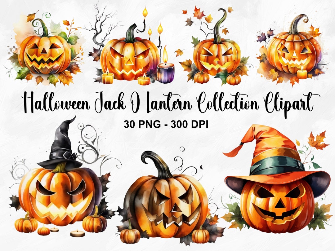 Watercolor Halloween Jack O Lantern Collection Clipart, 30 PNG ...