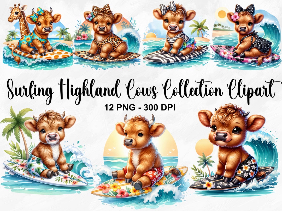 Watercolor Surfing Highland Cows Collection Clipart, 12 PNG Beach ...