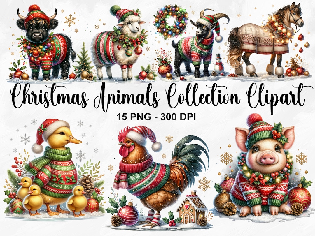 Watercolor Christmas Animals Collection Clipart, 15 PNG Christmas ...