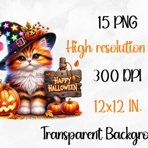 Watercolor Halloween Cats Collection Clipart, 15 PNG Halloween Clipart ...