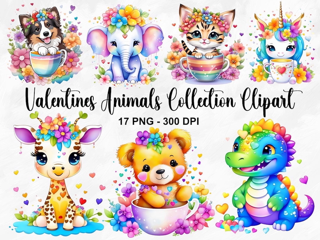 Watercolor Valentines Animals Collection Clipart, 17 PNG Valentines Day ...