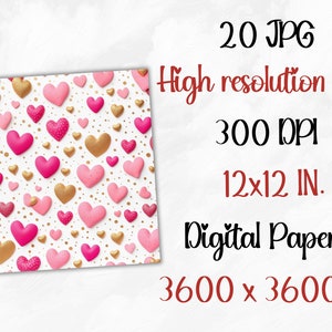 Love Hearts Digital Paper, Printable Valentine, Seamless Pattern, Pink ...