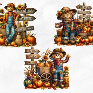 Watercolor Fall Scarecrows Collection Clipart, 11 PNG Autumn Clipart ...