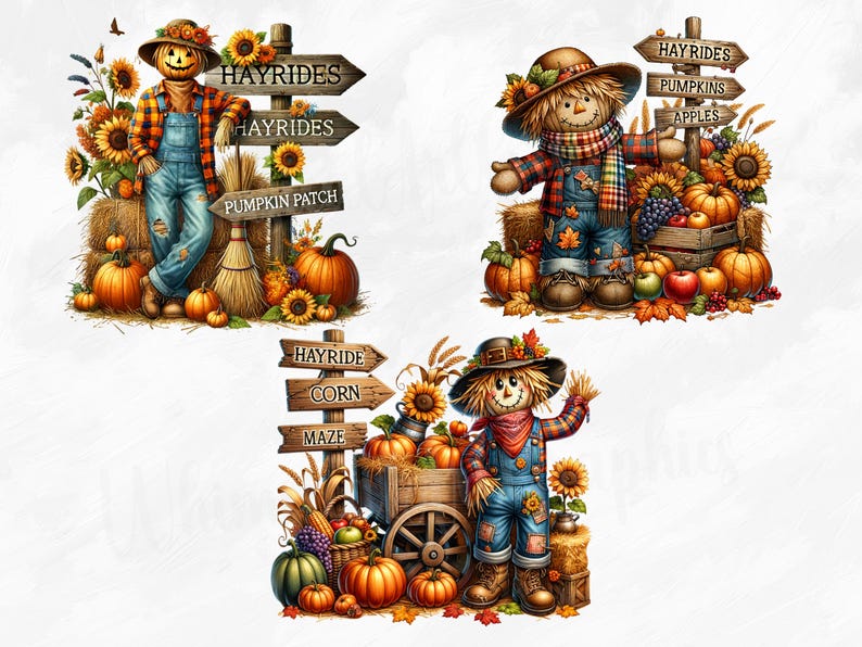 Watercolor Fall Scarecrows Collection Clipart, 11 PNG Autumn Clipart ...