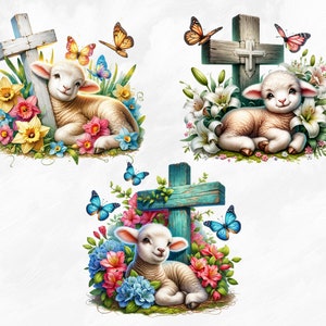 Watercolor Lamb With Cross Collection Clipart, 11 PNG Flower Crucifix ...
