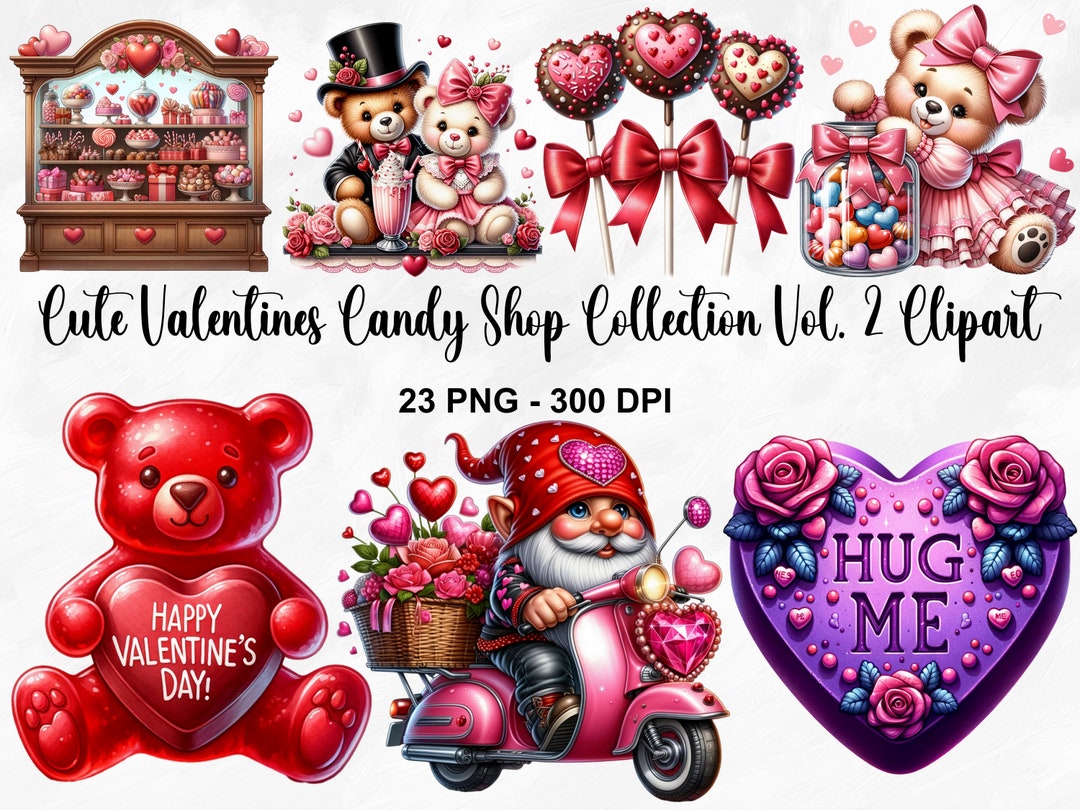 Watercolor Cute Valentines Candy Shop Collection Clipart, 23 PNG ...