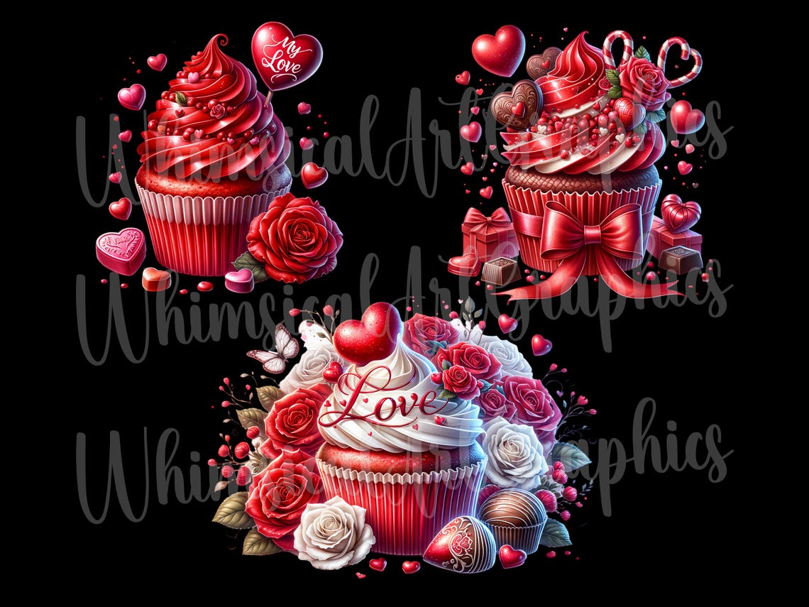Red Valentines Day Cupcake Collection Clipart, 16 PNG Valentine Clipart ...