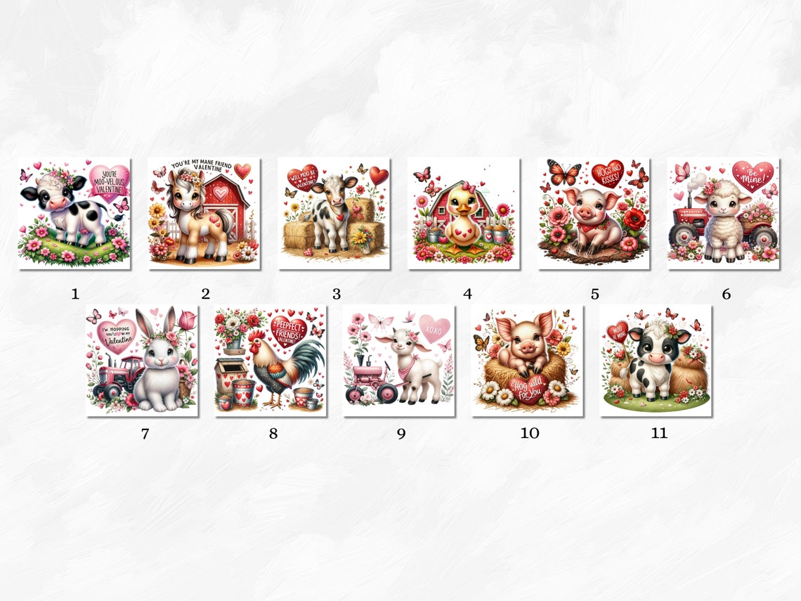Watercolor Valentines Farm Animals Collection Clipart, 11 PNG ...