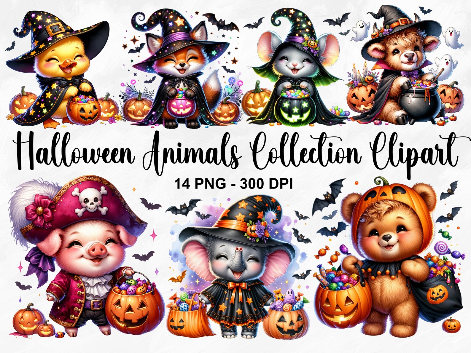 Watercolor Halloween Animals Collection Clipart, 14 PNG Halloween ...