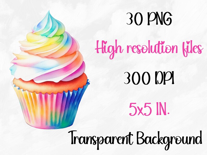 Watercolor Cupcakes Clipart, 30 PNG Cupcake Clip Art, Watercolor ...