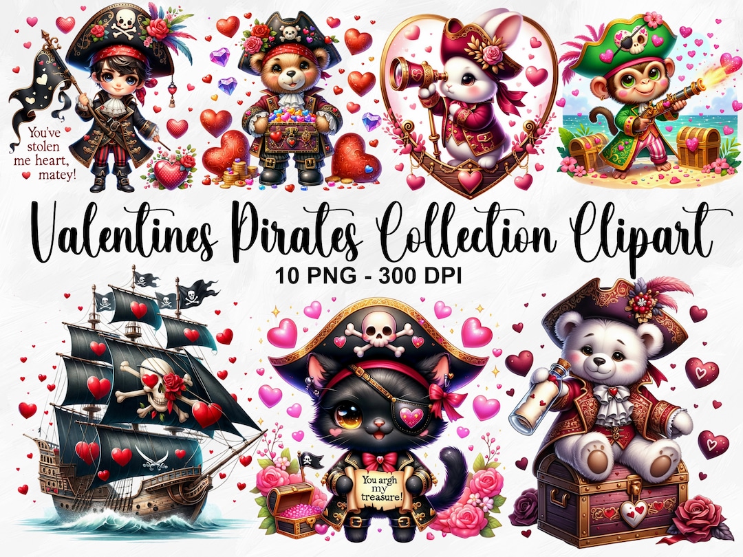 Watercolor Valentines Pirates Collection Clipart, 10 PNG Pirate Clipart ...