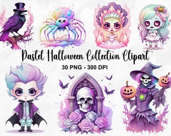 Watercolor Pastel Halloween Collection Clipart, 20 PNG Halloween ...