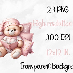 Watercolor Pink Sleepy Teddy Bear Clipart, 23 PNG Cute Baby Bear ...