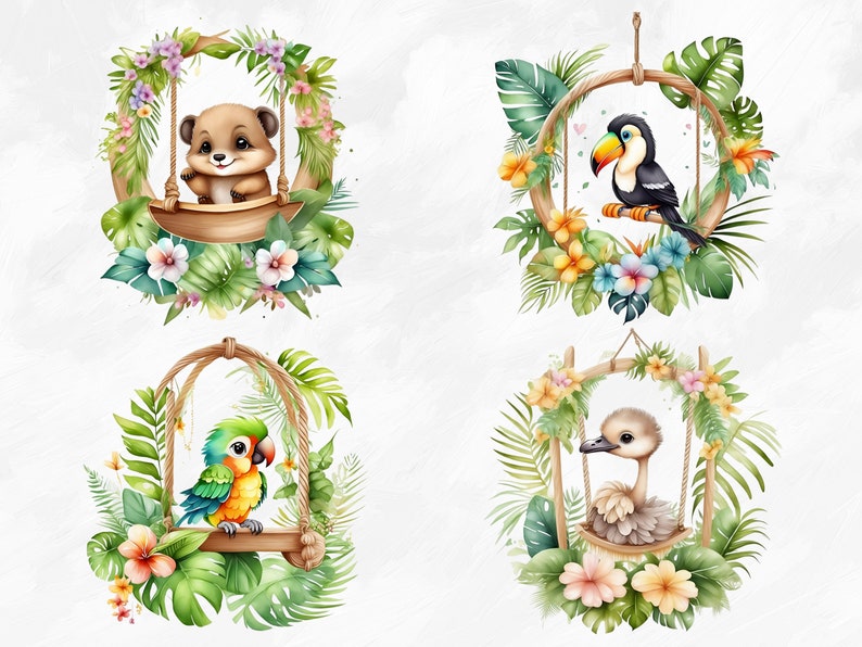 Watercolor Baby Animals on Swings Clipart, 27 PNG Safari Animals ...