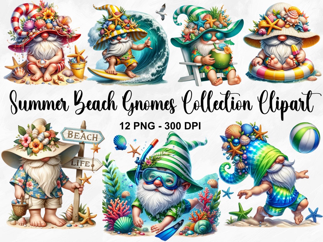 Watercolor Summer Beach Gnome Collection Clipart, 12 PNG Gnome Clipart ...