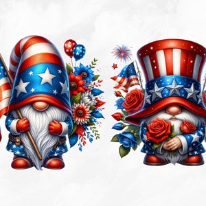 Watercolor 4th of July Gnomes Clipart, 11 PNG Patriotic Gnome Clipart ...