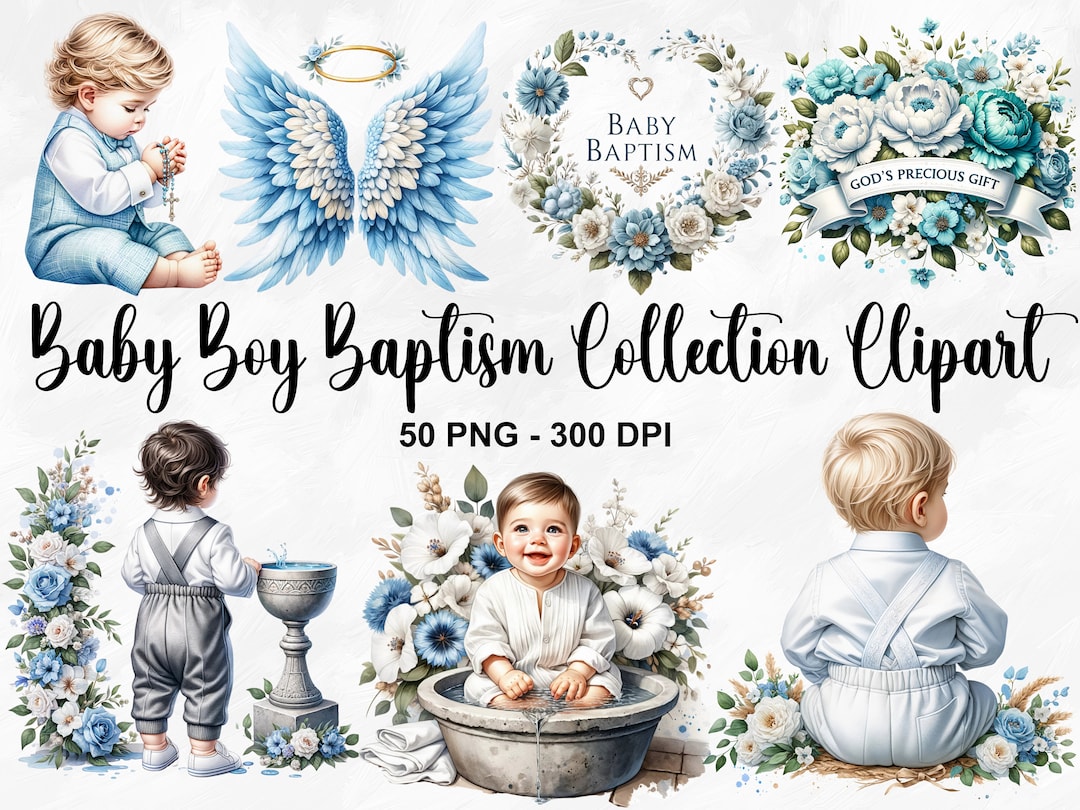 Watercolor Baby Boy Baptism Collection Clipart, 50 PNG Baptism Clipart ...