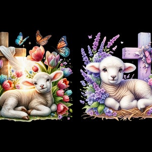 Watercolor Lamb With Cross Collection Clipart, 11 PNG Flower Crucifix ...