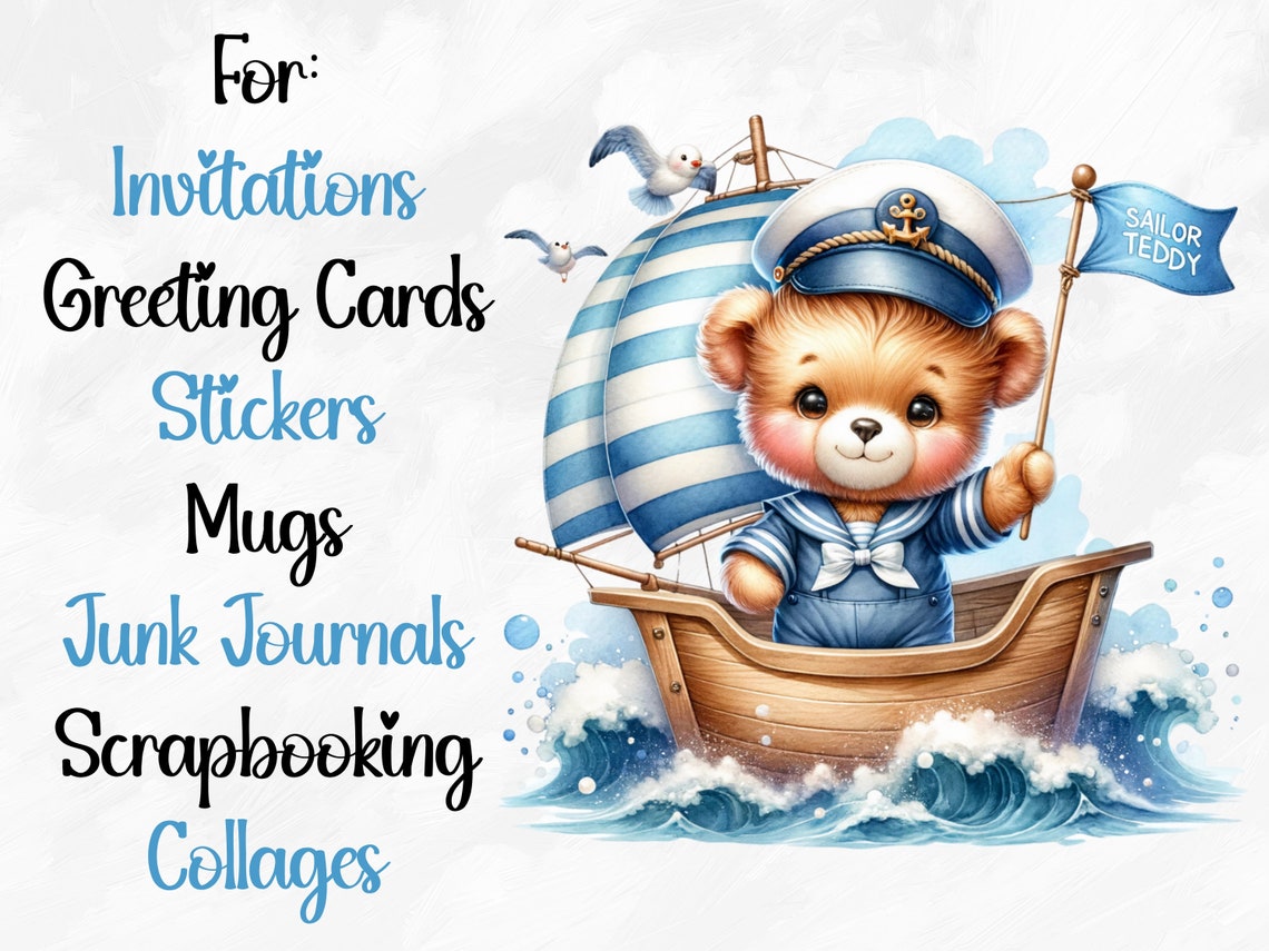 Watercolor Sailor Teddy Bear Collection Clipart, 39 PNG Baby Bear ...