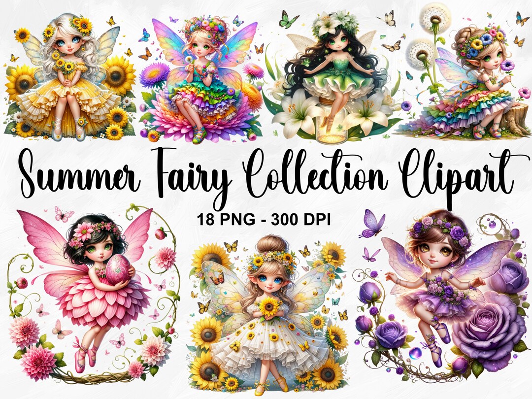 Watercolor Summer Fairy Collection Clipart, 18 PNG Sunflower Clipart ...