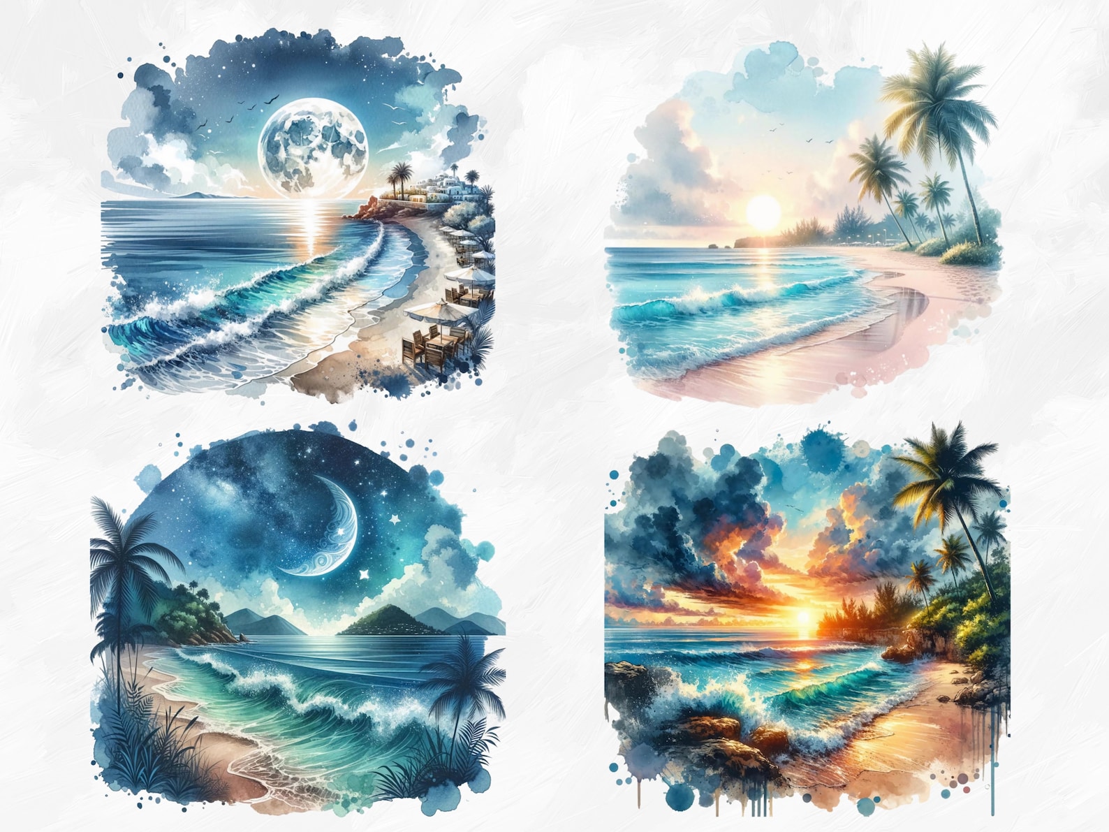Watercolor Tropical Beach Collection Clipart, 18 PNG Beach Clipart ...