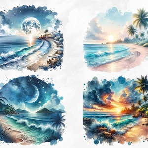 Watercolor Tropical Beach Collection Clipart, 18 PNG Beach Clipart ...