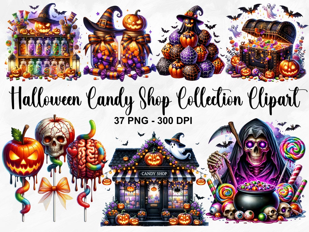 Watercolor Halloween Candy Shop Collection Clipart, 37 PNG Halloween ...