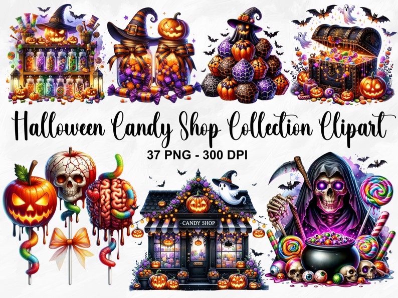 Watercolor Halloween Candy Shop Collection Clipart, 37 PNG Halloween ...