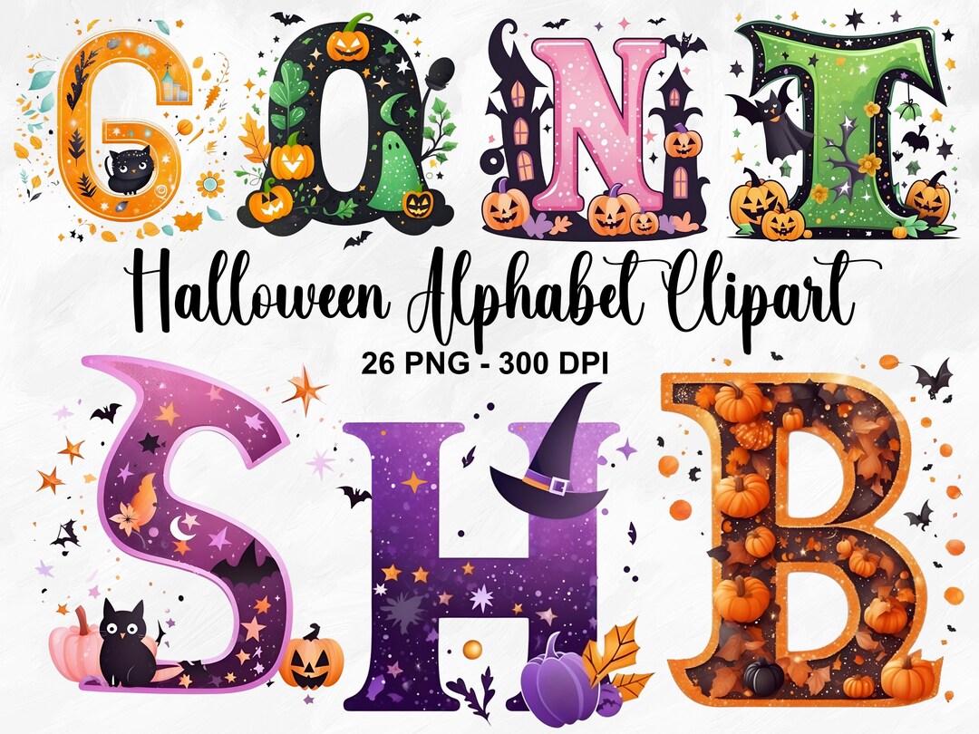 Halloween Alphabet Clipart, 26 PNG Halloween Doodle Letters Clipart ...