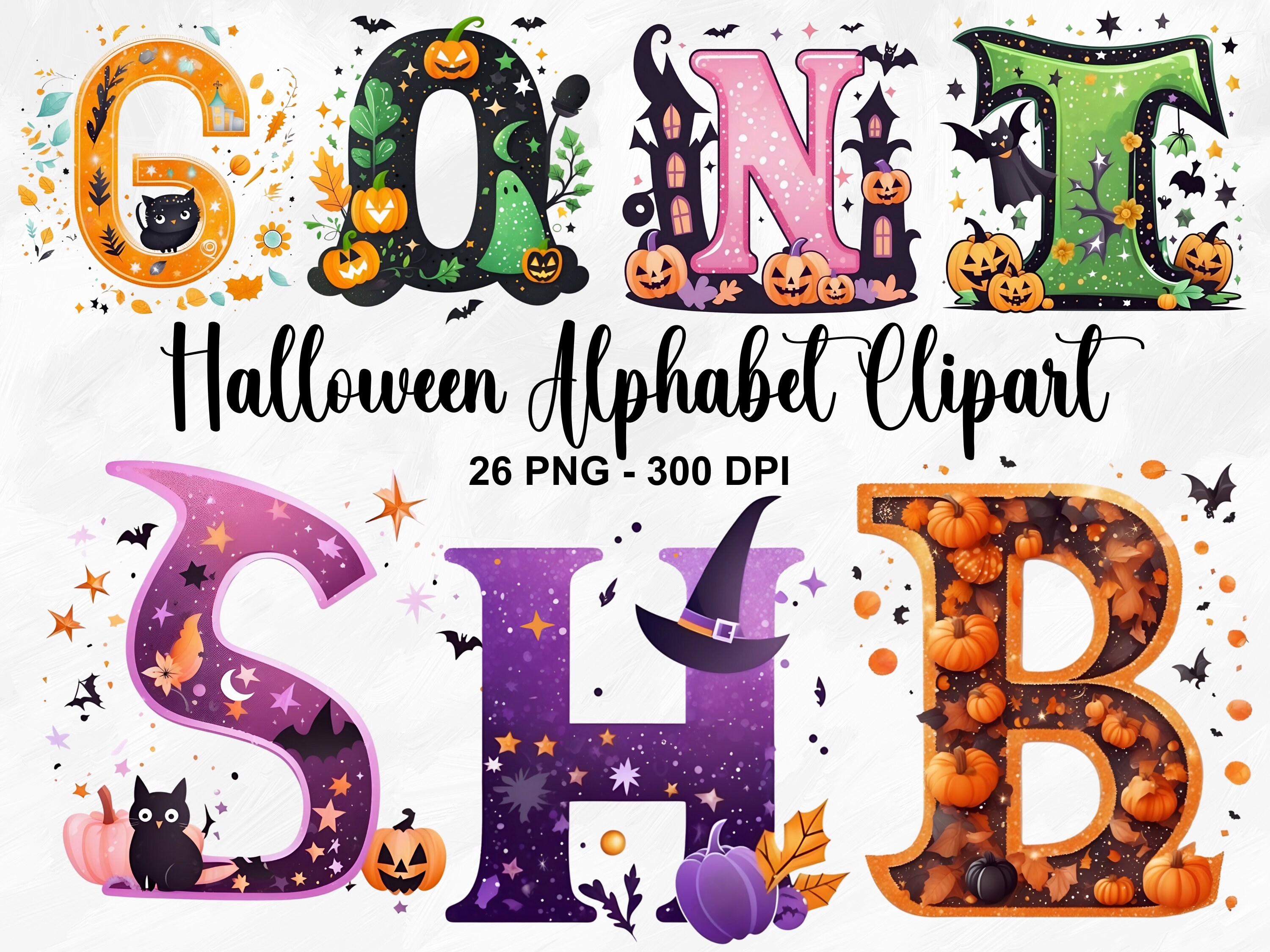 Halloween Alphabet Clipart, 26 PNG Halloween Doodle Letters Clipart ...