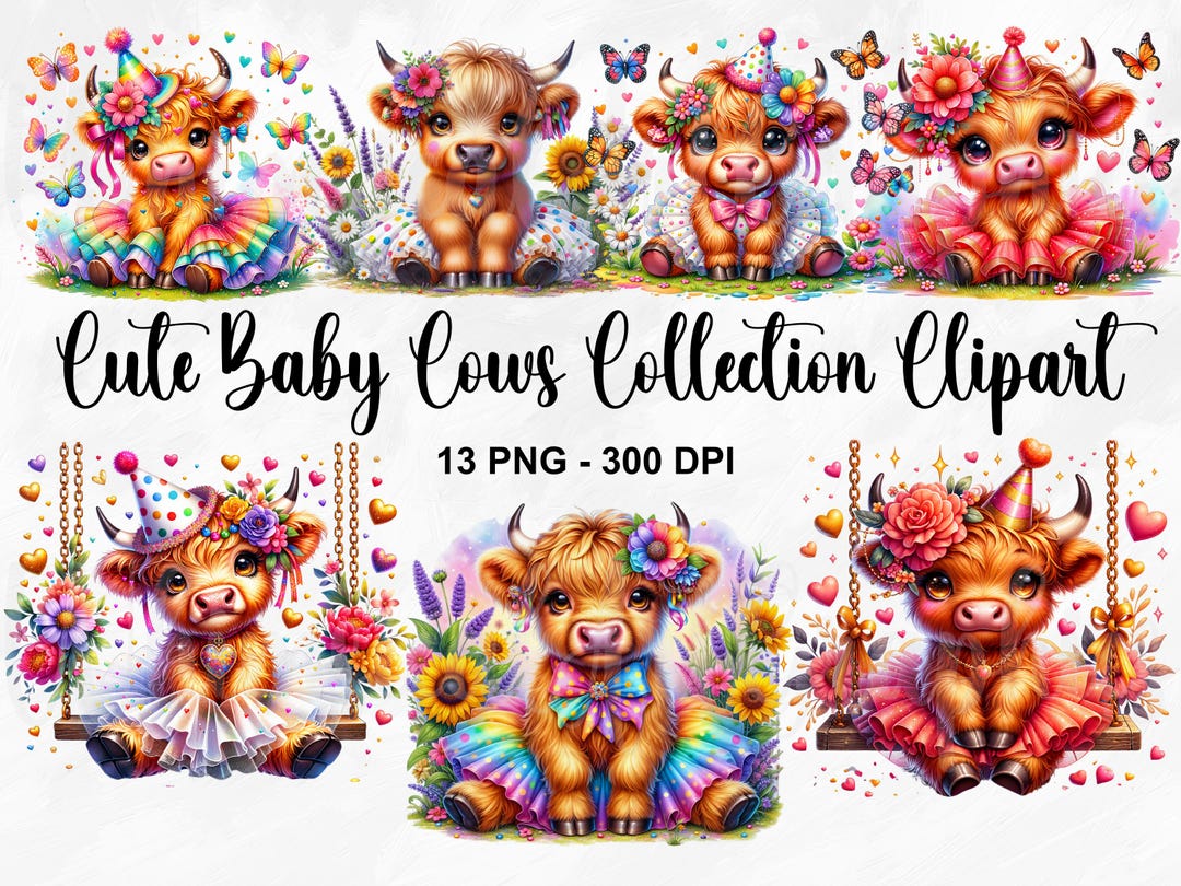 Watercolor Cute Baby Cows Collection Clipart, 13 PNG Birthday Clipart ...