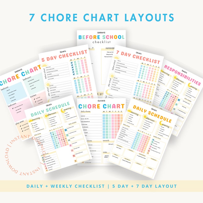 Editable Kids Chore Charts, Cleaning Schedule, Reward Allowance Chart ...