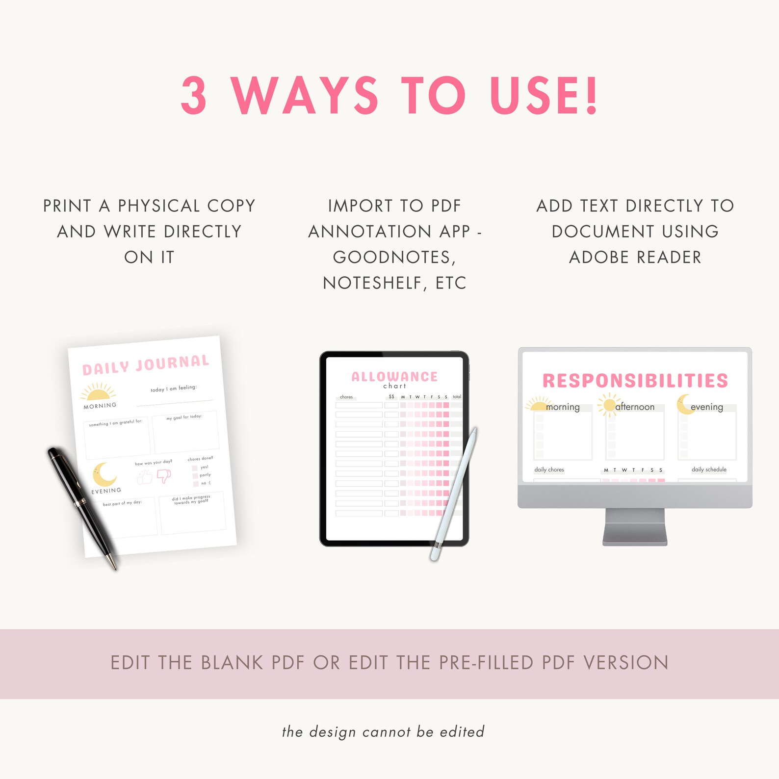 Editable Kids Chore Chart, Pink Cleaning Schedule, Reward Allowance ...