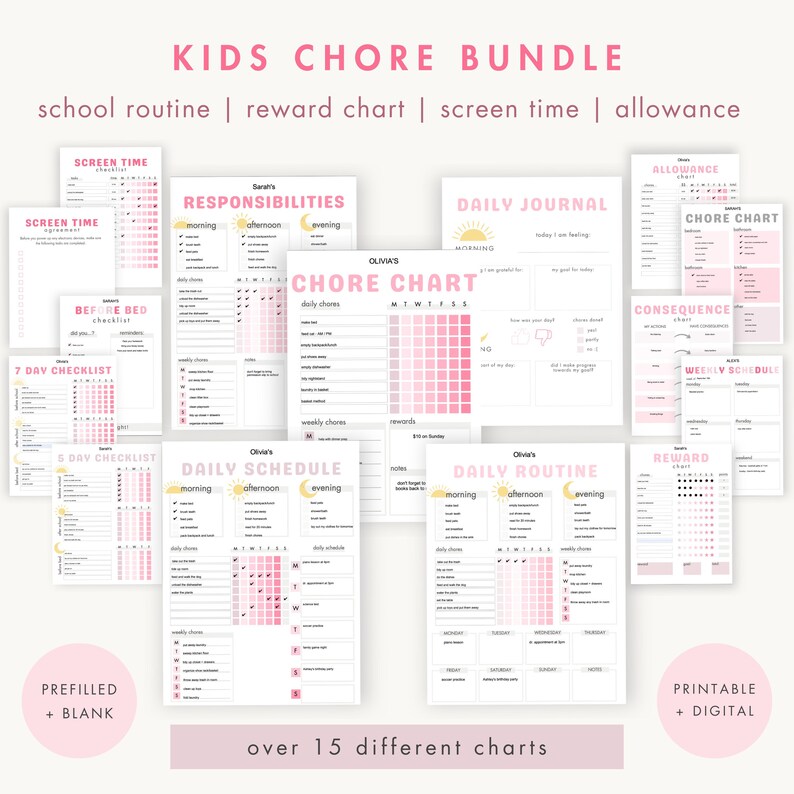 Editable Kids Chore Chart, Pink Cleaning Schedule, Reward Allowance ...