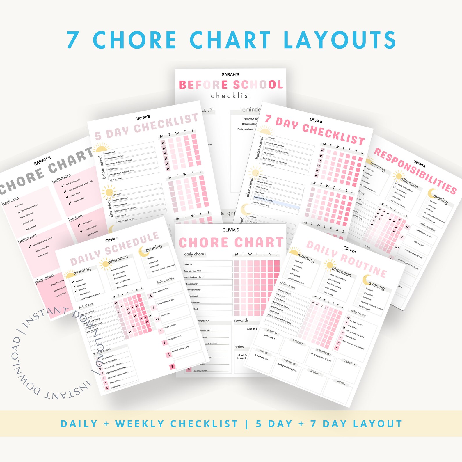 Editable Kids Chore Chart, Pink Cleaning Schedule, Reward Allowance ...