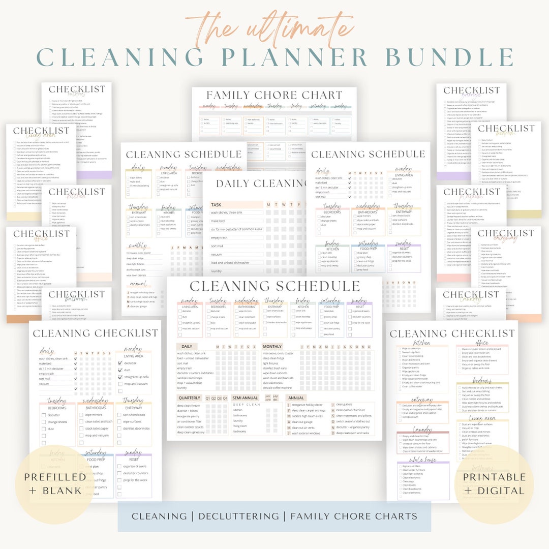 Editable Cleaning Planner Bundle: Chore Charts & Checklists (PDF) - Etsy