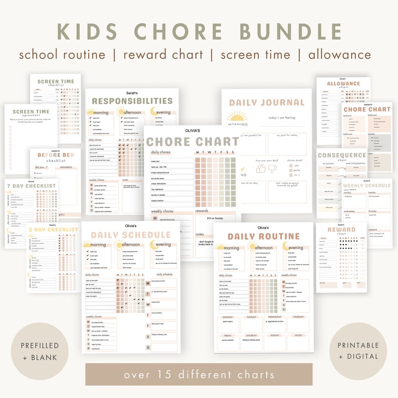 Kids Chore Chart Bundle: Neutral Routine & Reward System (PDF) - Etsy