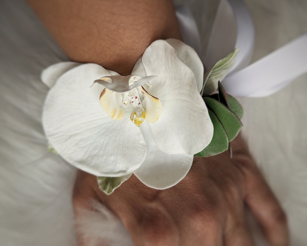 Elegant White Orchid Corsage With Leaves - EVA Foam Wrist Corsage for ...