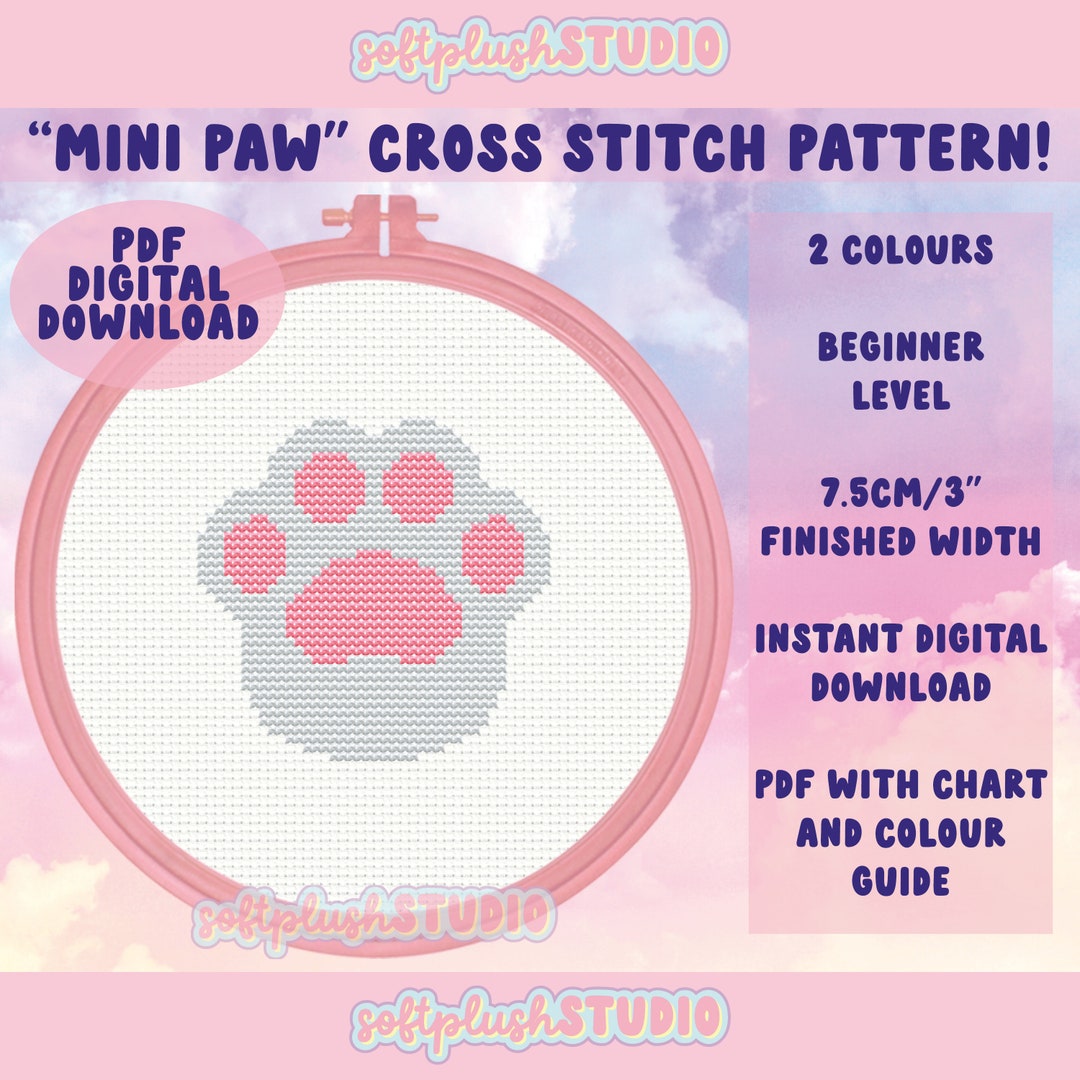 Mini Paw Cross Stitch Pattern PDF digital Download Beginner Cute Kawaii ...