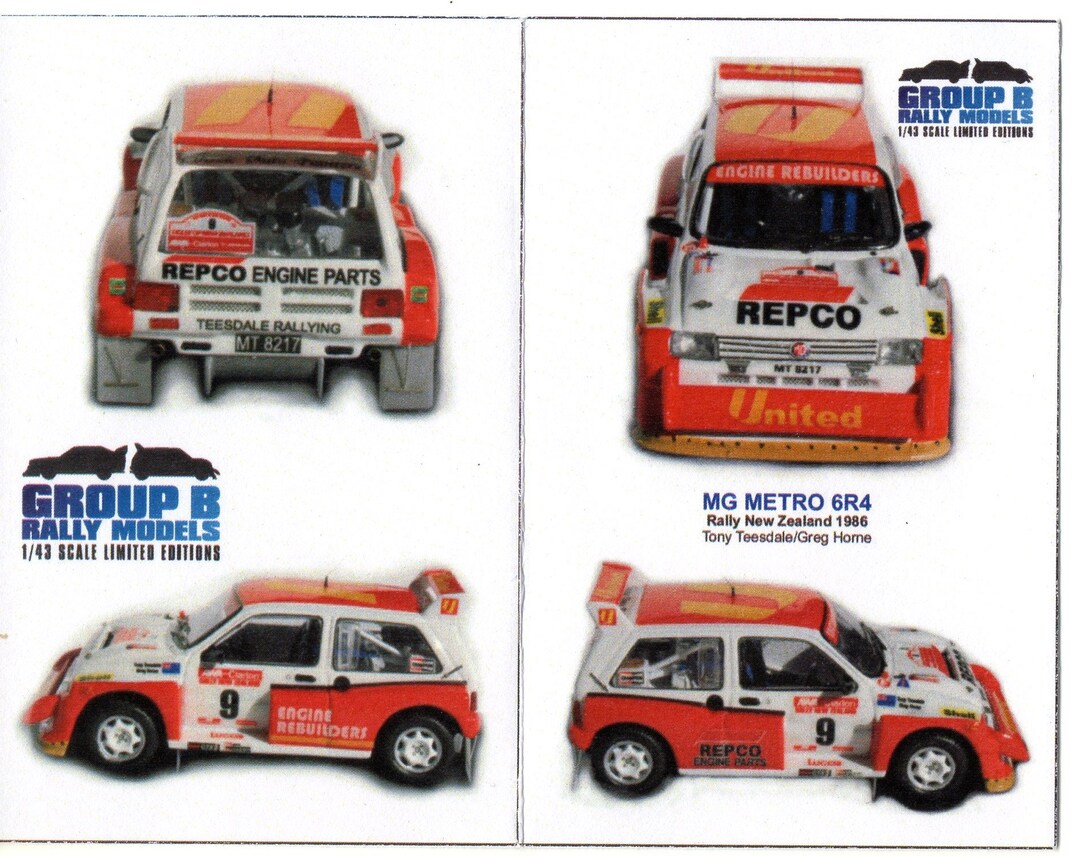 Decal 1:43 MG Metro 6R4 New Zealand Rally 1986 Teesdale Group B Rally ...
