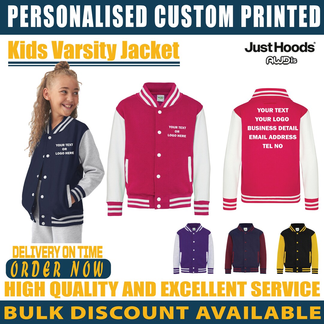 Personalised Custom Just Hoods Awdis Kids Varsity Jacket Text Logo ...