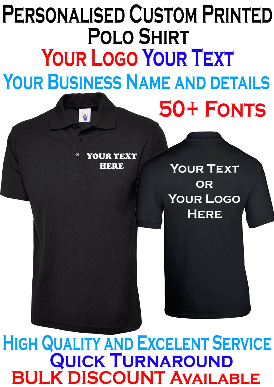 Personalised Custom Printed Polo Shirt Uneek Your Text Logo Unisex ...