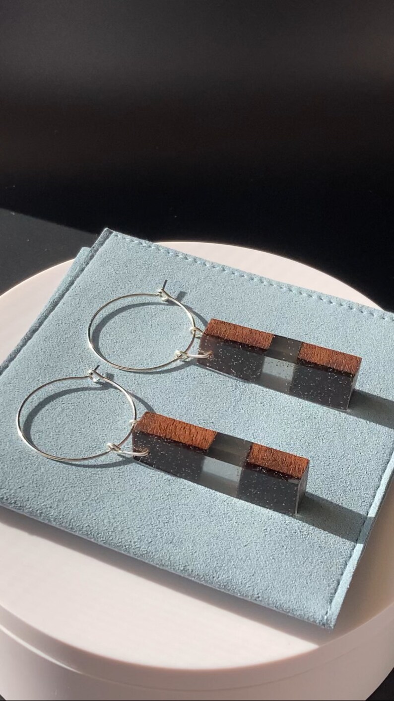 Wood Epoxy Earrings Clear Resin Jewelry Silver Plated Hoop Earrings ...