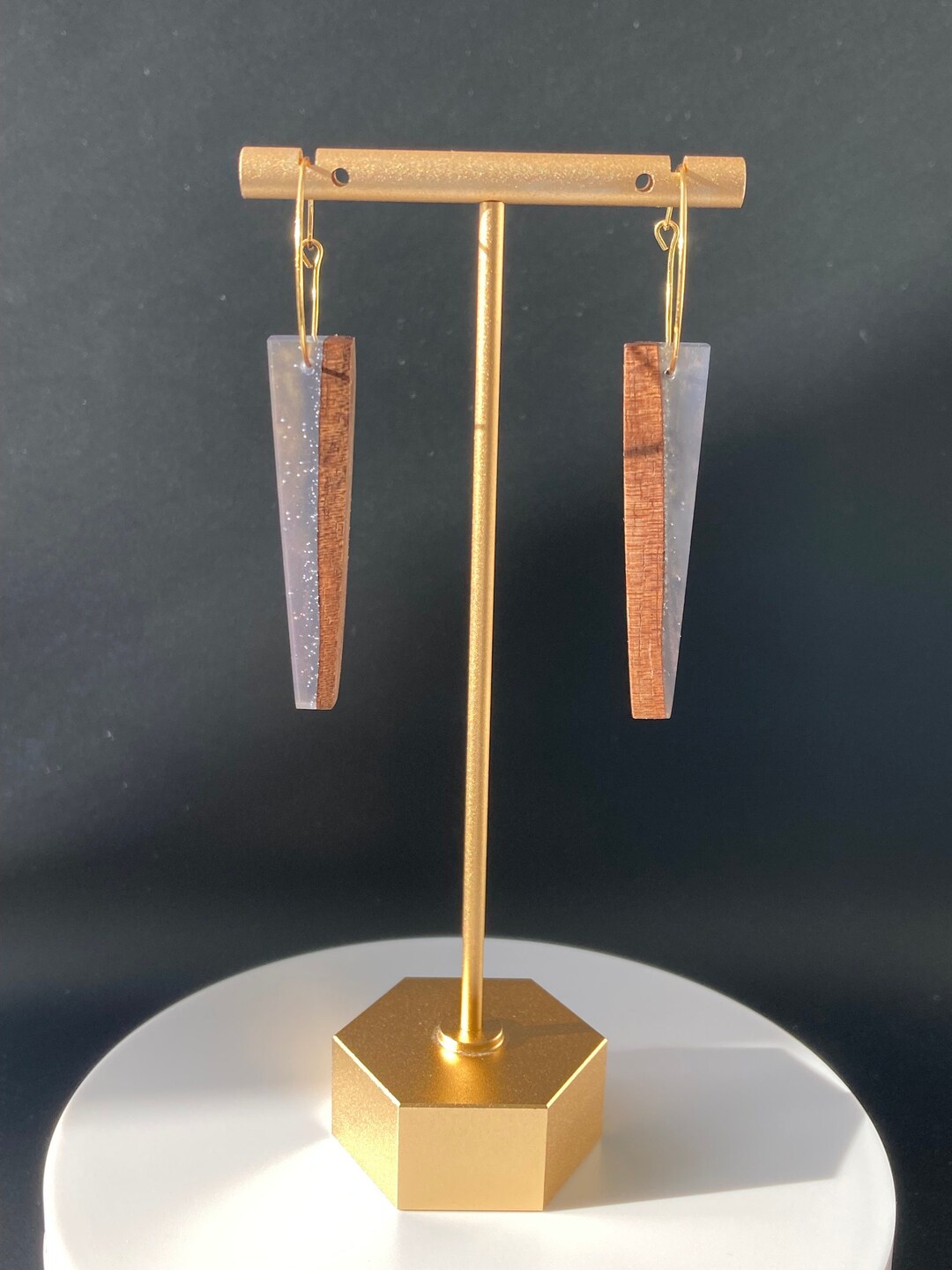 Wood Epoxy Earrings Purple Resin Triangles Earrings Gold Hoop 24K ...