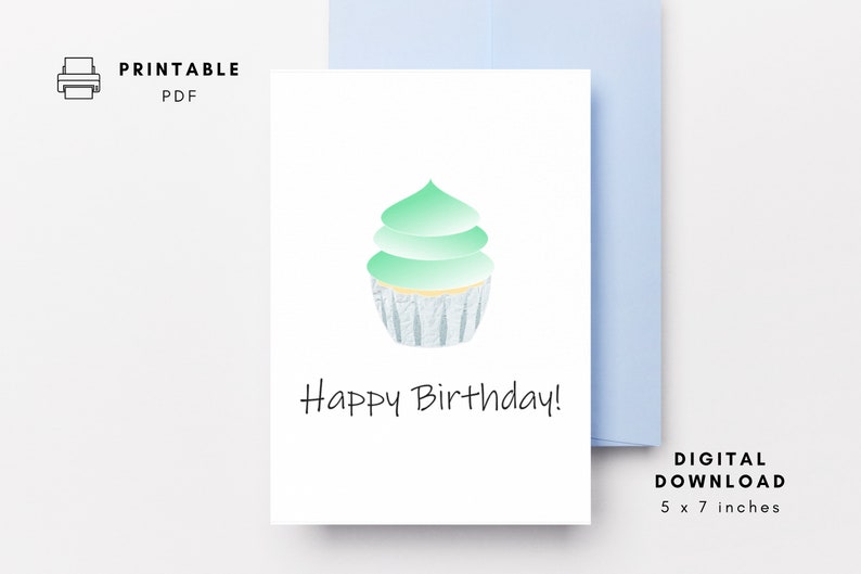 Printable Birthday Card Happy Birthday Printable Mint Colored Cupcake ...